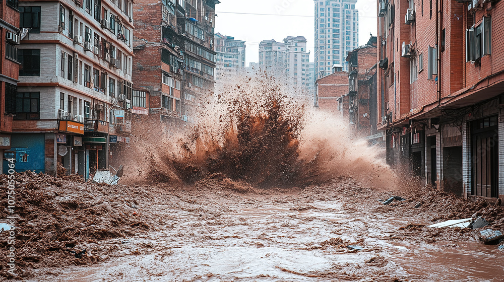 Explosive surge of mud tearing through urban brick buildings ...