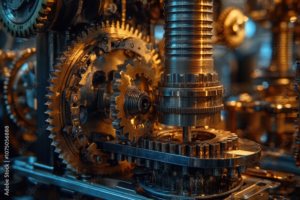 A macro photograph of intricate clock gears and cogs interlocking together. The metallic ...