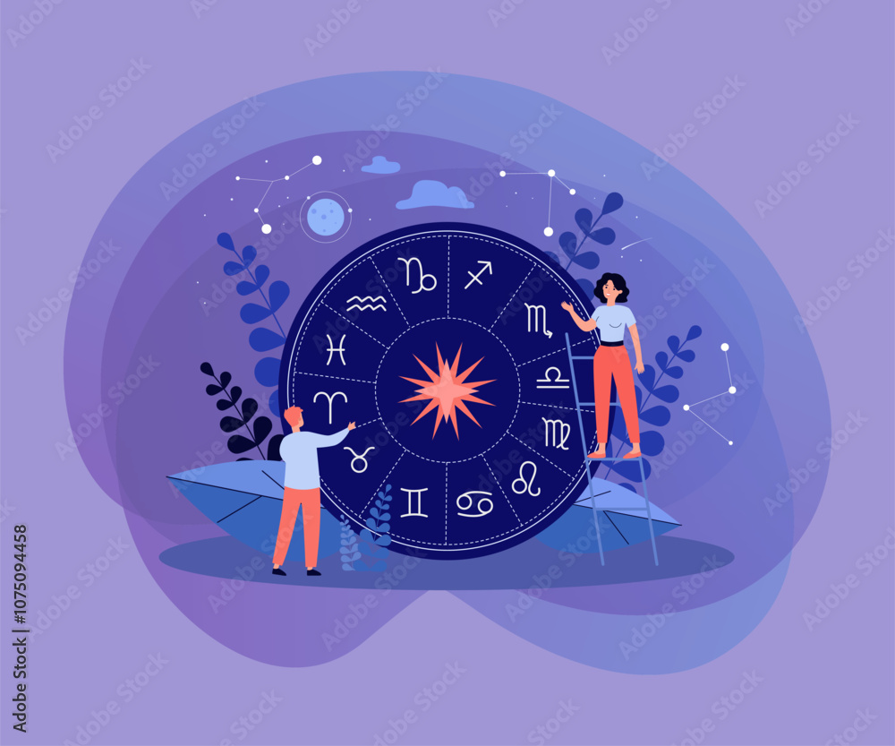 Tiny people casting horoscope, studying zodiac signs or ancient calendar, creating natal chart ...