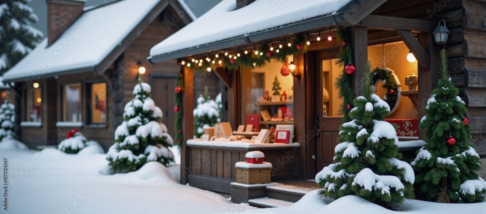 A cozy Christmas-themed storefront nestled within a snowy village ...