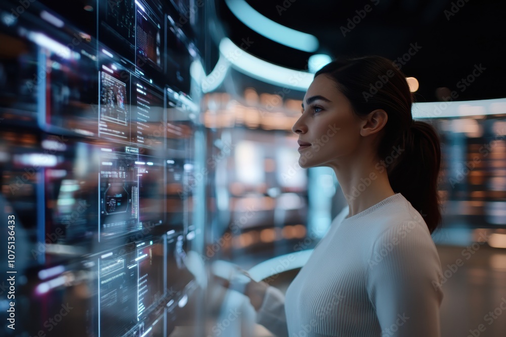 A woman analyzes digital data shown on a series of curved LED screens ...