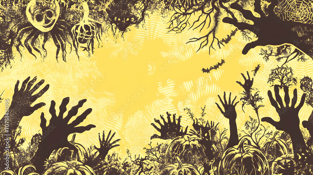 Grunge Halloween Background with Graveyard and Grabbing Hands, spooky ...