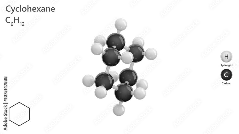 Cyclohexane. Solvent. Animated 3D model of a molecule. Molecular formula: C6H12. Chemical model ...