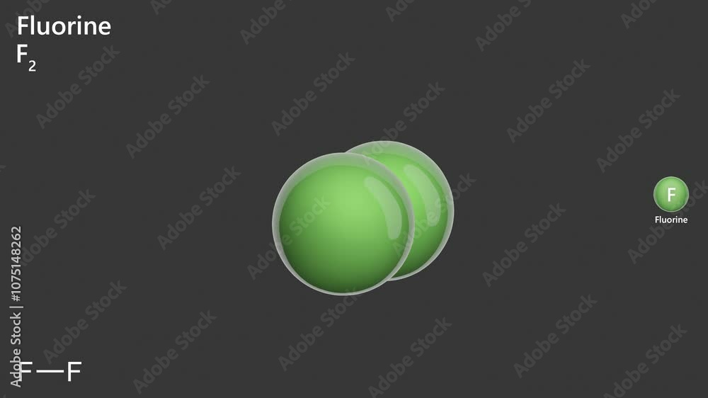 Fluorine. Gas. Animated 3D model of a molecule. Molecular formula: F2 ...