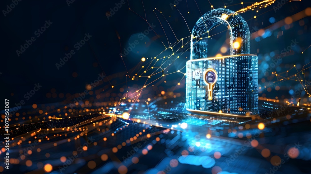 A blue and red lock with a keyhole. The lock is surrounded by a blurry ...