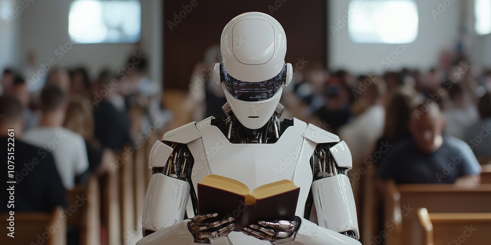 A robot is reading a book in a church. The robot is white and has a ...