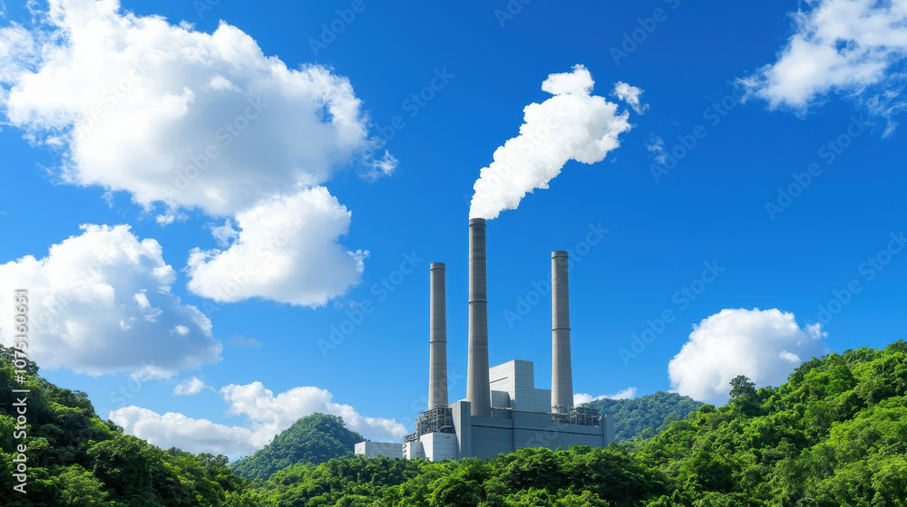 Biomass power plant surrounded by lush forests, generating low carbon ...