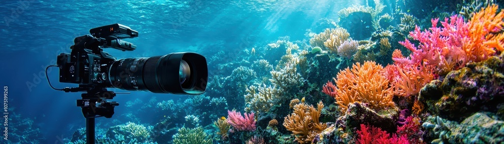 A vibrant underwater scene featuring a camera focused on colorful coral ...