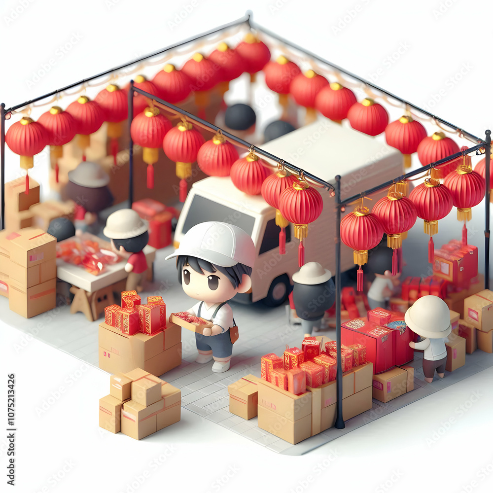 3D Icon Cute Chibi Market Vendor Arranging Red Lanterns Busy Street ...
