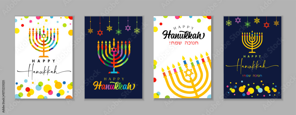 Happy Hanukkah posters set with colored menorah and typography ...