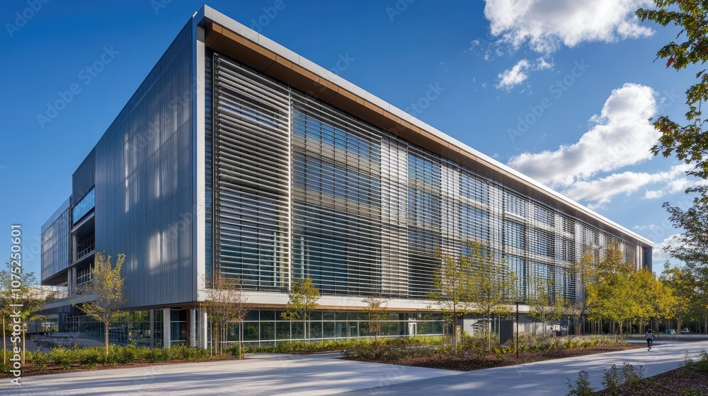 High-rise building exterior with aluminum louver windows, providing ...