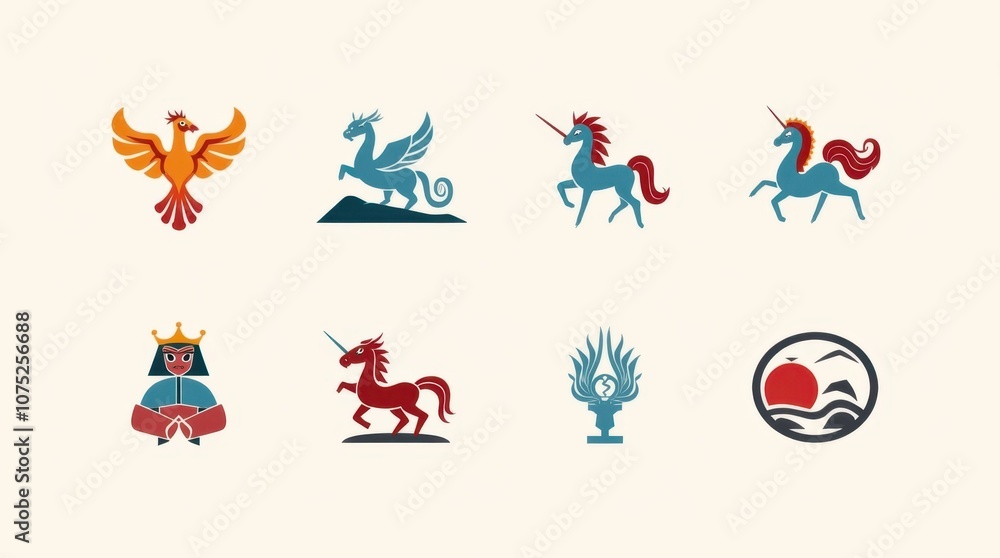 Mythical Creatures from Different Cultures Icon Set Stock Illustration ...