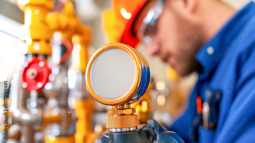 Industrial Gauge Close-up: A worker's focused gaze on a pressure gauge ...