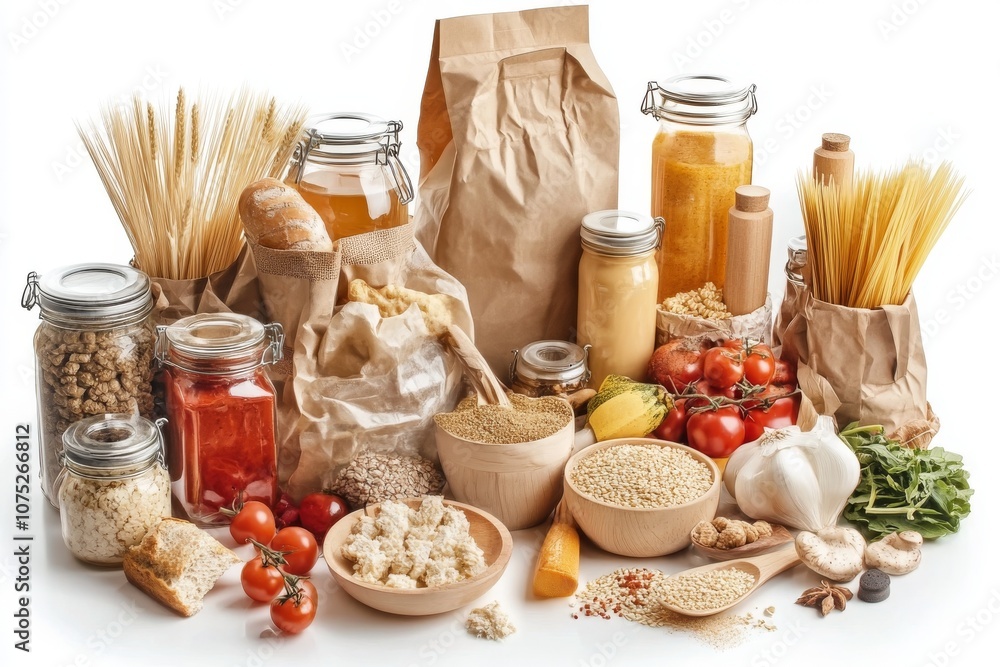 Productos variados como pasta, granos, especias y conservas ...