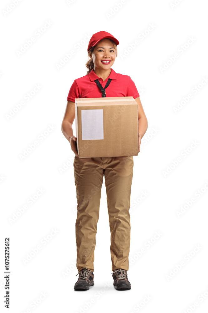 Full length portrait of a delivery girl with a cardboard box Stock ...