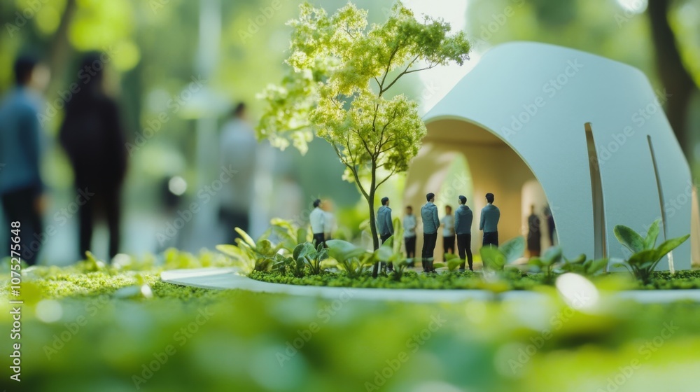 Tiny figures gather under a small tree next to a modern structure ...