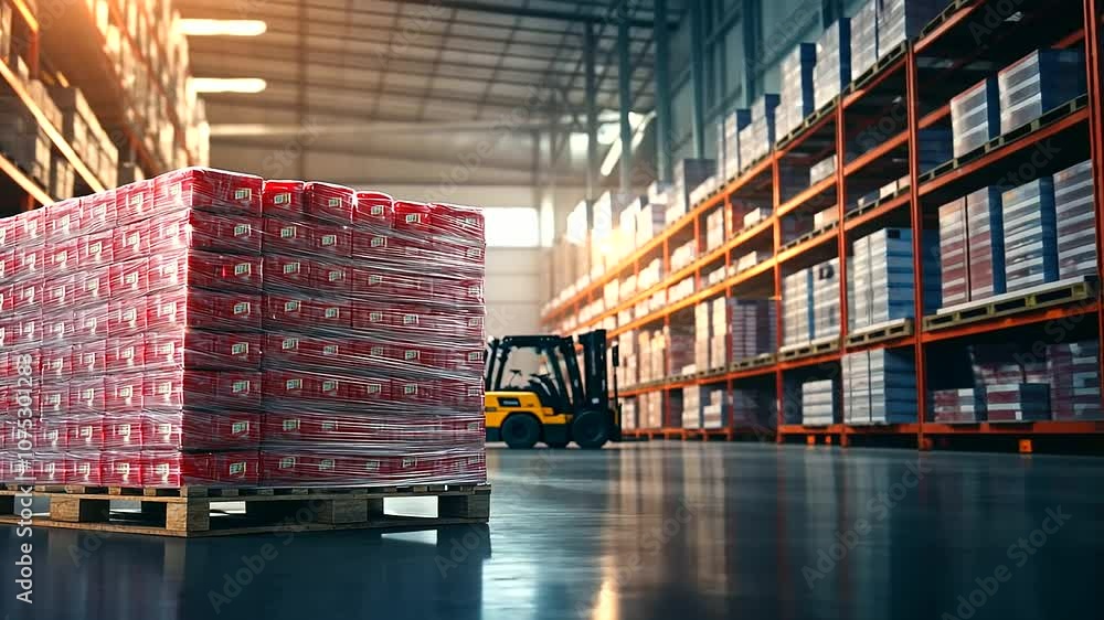 A pallet stacked with shrink-wrapped food packages, ready for ...