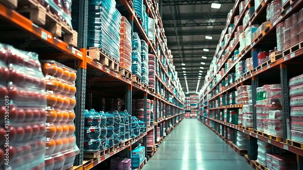 A tightly packed pallet of wrapped food items, the colorful packaging ...