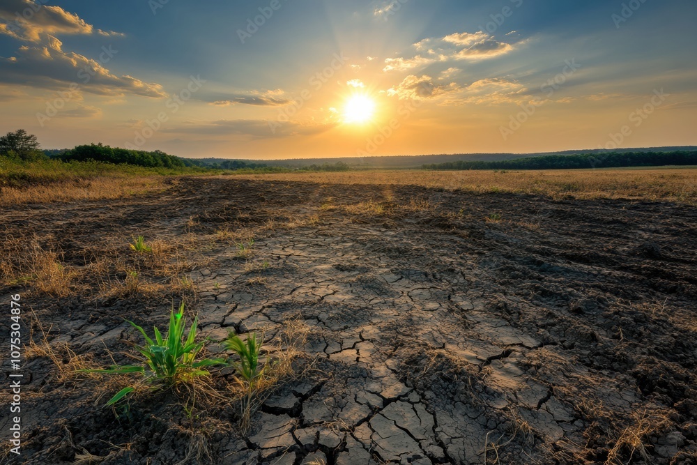 The landscape reveals cracked earth and withered plants under a blazing ...