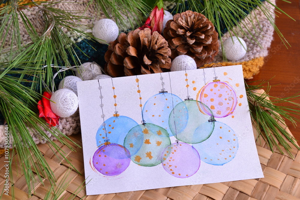 Christmas balls illustration greeting card watercolor hand painted new ...
