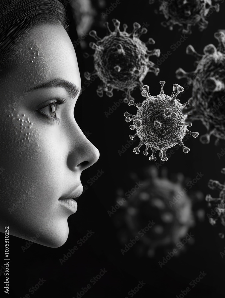 Scientist examining microscope image of a viral outbreak, focusing on ...