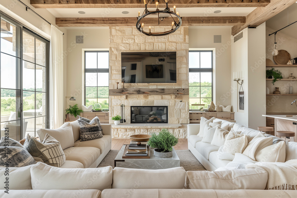 American farmhouse living room interior design with reclaimed wood ...