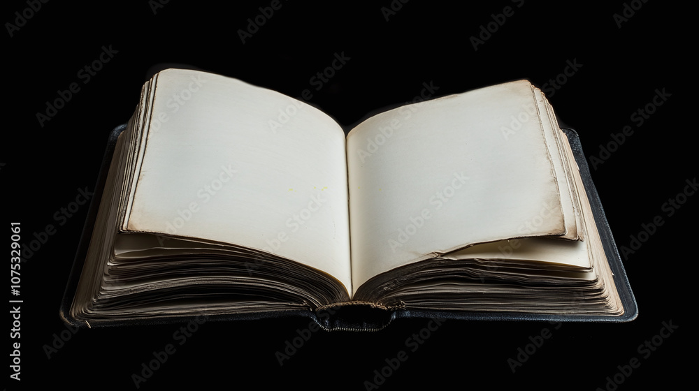 top view of old vintage open book empty papers sheets white blank pages ...