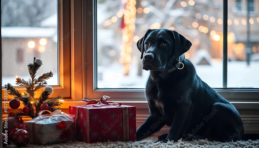 A black Labrador retriever dog sitting by a window with a Christmas ...