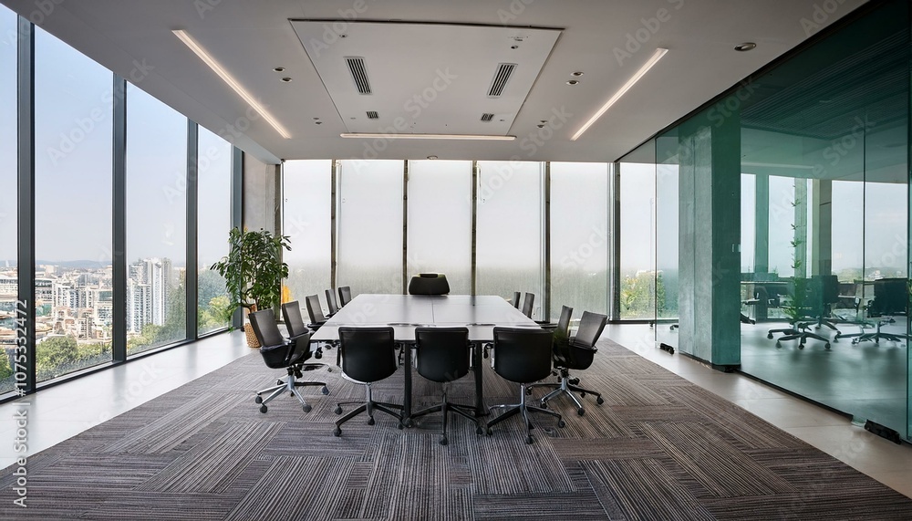Stylish business room interior with glass conference room, mock up wall ...