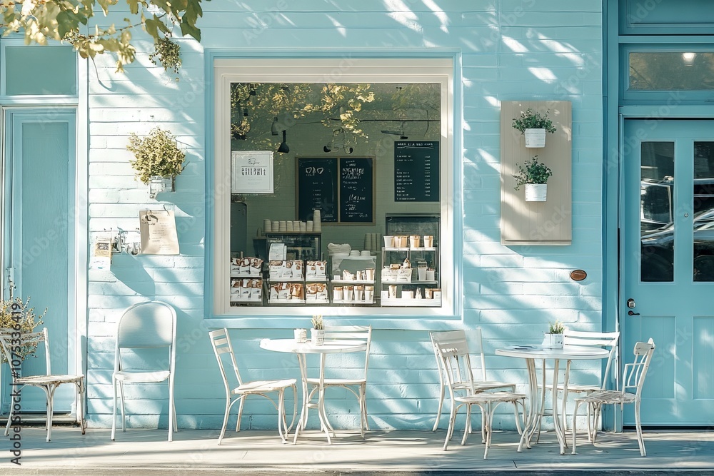Pastel Coffee Shop Exterior with Window Display and Chairs. AI ...