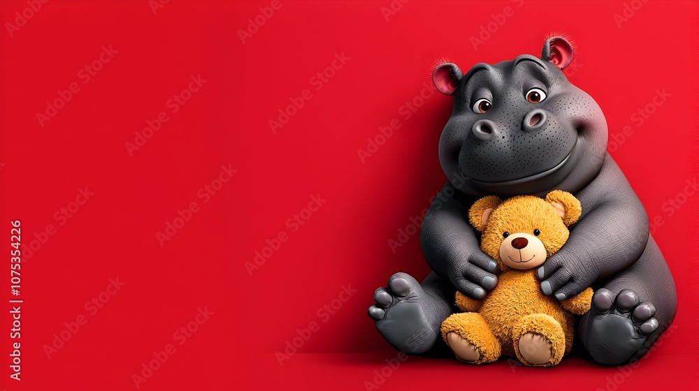 Sleepy Baby Hippo Embracing Teddy Bear, A charming scene of a young ...