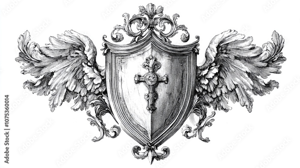 Line art illustration featuring a vintage shield associated with a ...