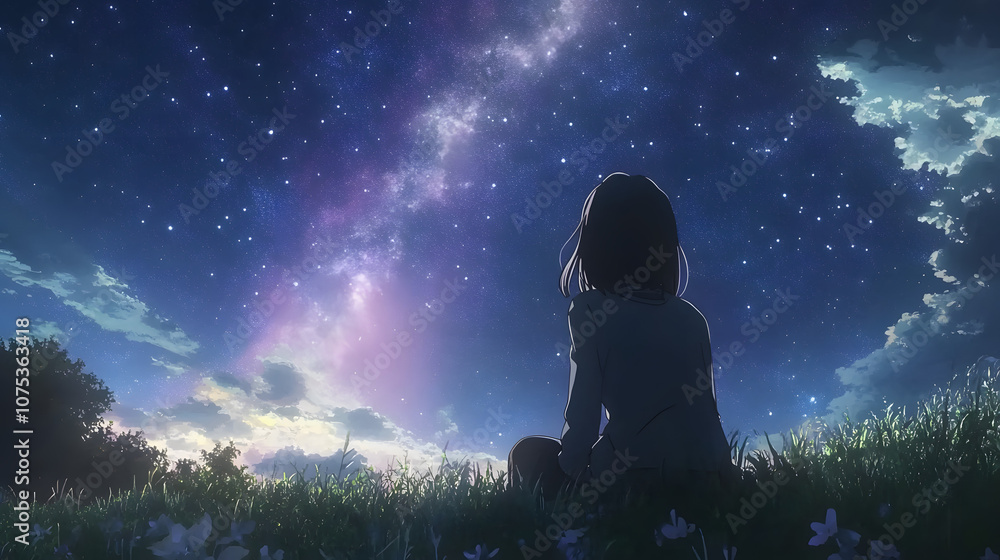 Anime girl stargazing. Cute girl looking at the night sky and watch the ...