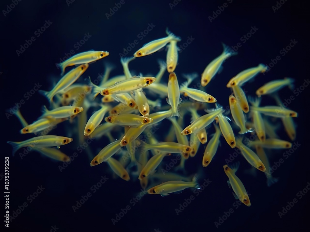 A cluster of tiny tadpoles swim together in a school, their translucent ...