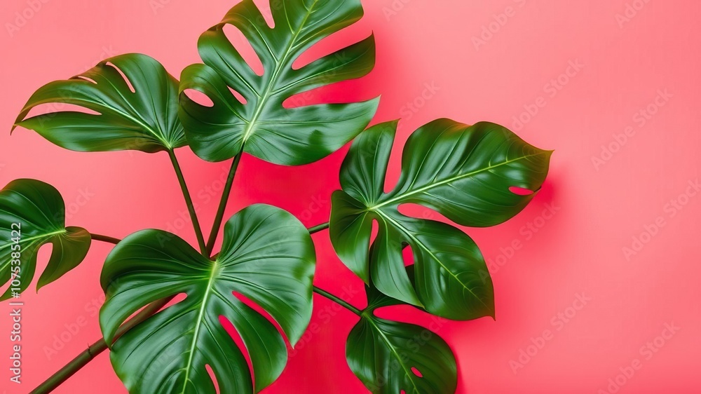 Monstera deliciosa pinnata leaves in a loose cluster on a vibrant coral ...