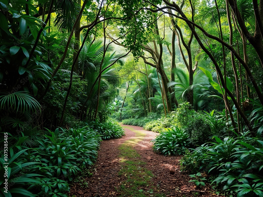 Overgrown path leads to a secluded glade in the heart of a tropical ...