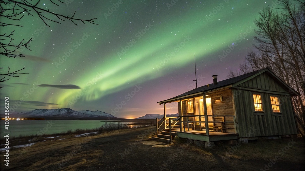 Fishing cabin with a stunning view of the Northern Lights, serene ...