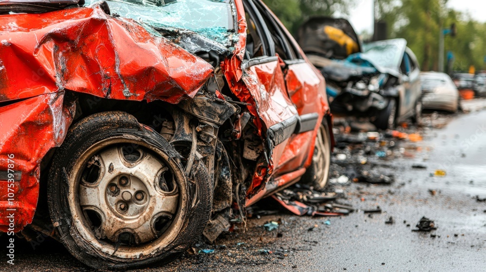 A damaged red car wreckage on a street amidst debris and other vehicles ...