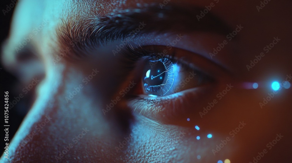 Portrait of a man with a microchip implant near his eye, transmitting ...
