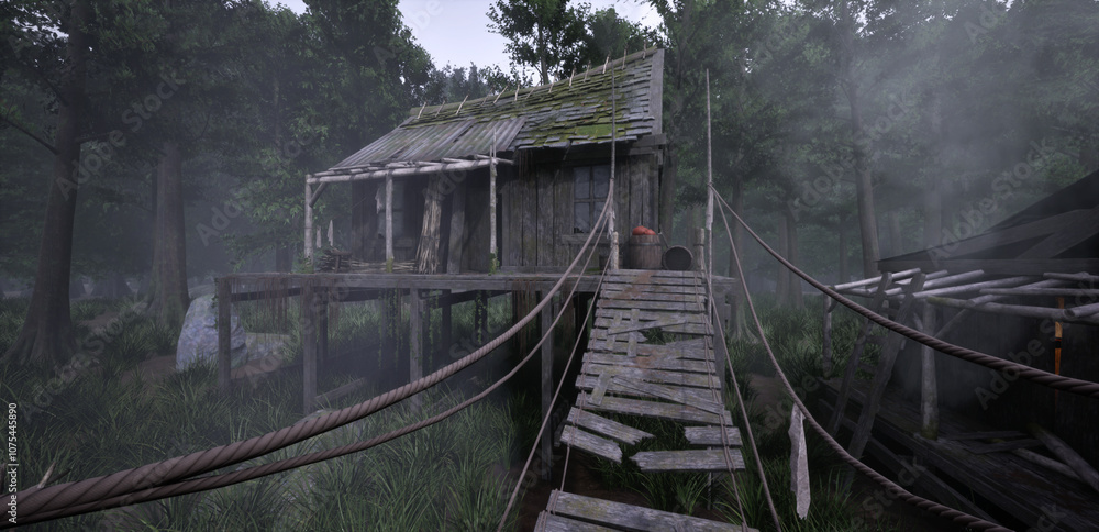 3D illustration of an old, abandoned wooden cabin on stilts in a foggy ...