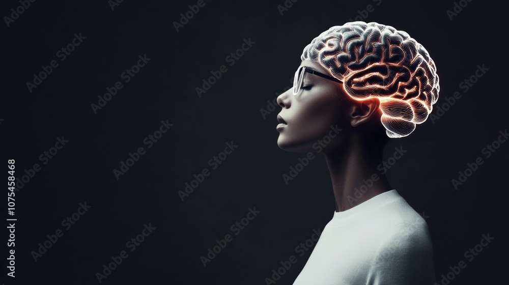 Woman with a brain on her head. The brain is glowing red and yellow ...