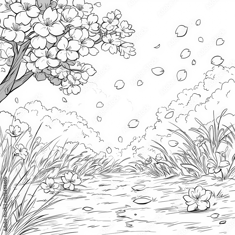 A scene of cherry blossoms falling during hanami season, anime coloring ...