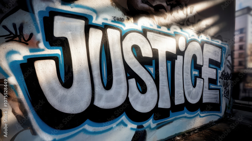 Bold graffiti mural reading 'JUSTICE', showcasing vibrant blue outlines ...
