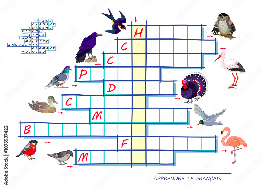 LEARN FRENCH. Crossword puzzle game with pictures of birds. Educational ...