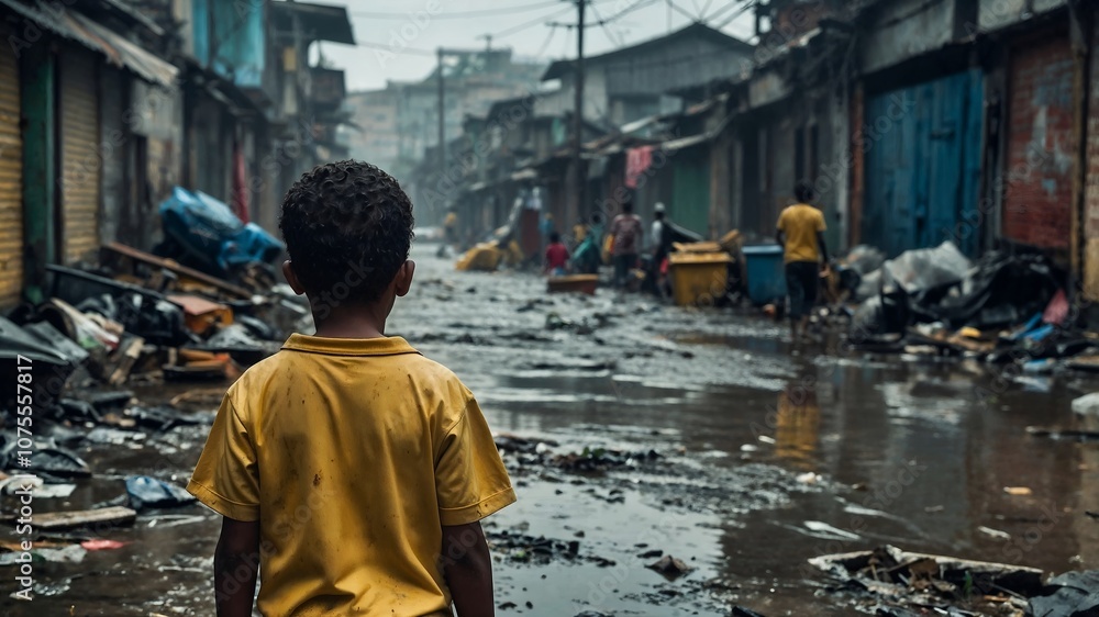 Photo & Art Print Young boy in slum area facing dirty, trash-laden ...