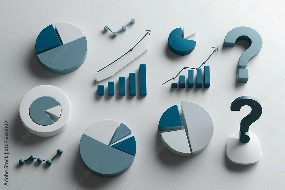 An image featuring bar graphs, pie charts, line graphs, and 3D question ...