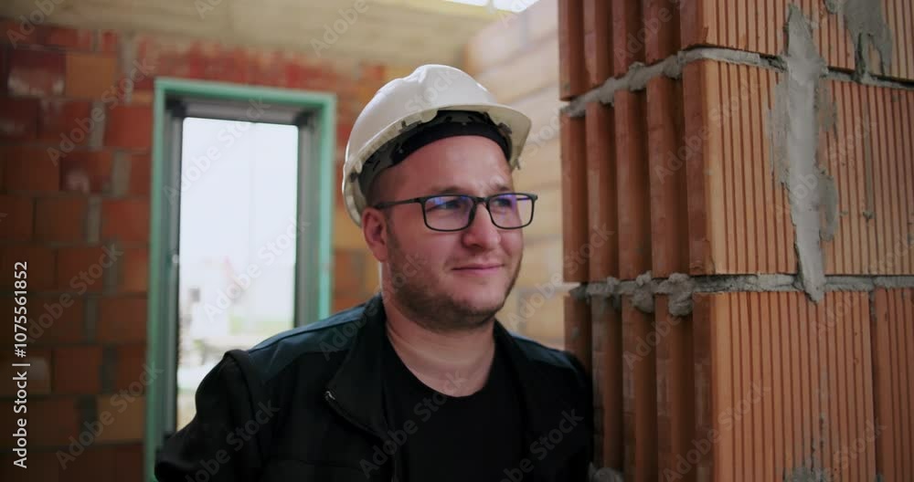 Close-up of smiling construction worker wearing helmet and glasses ...