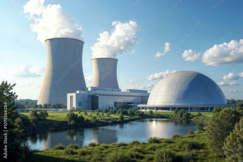 Nuclear Plant. The image shows a nuclear power plant with two cooling ...