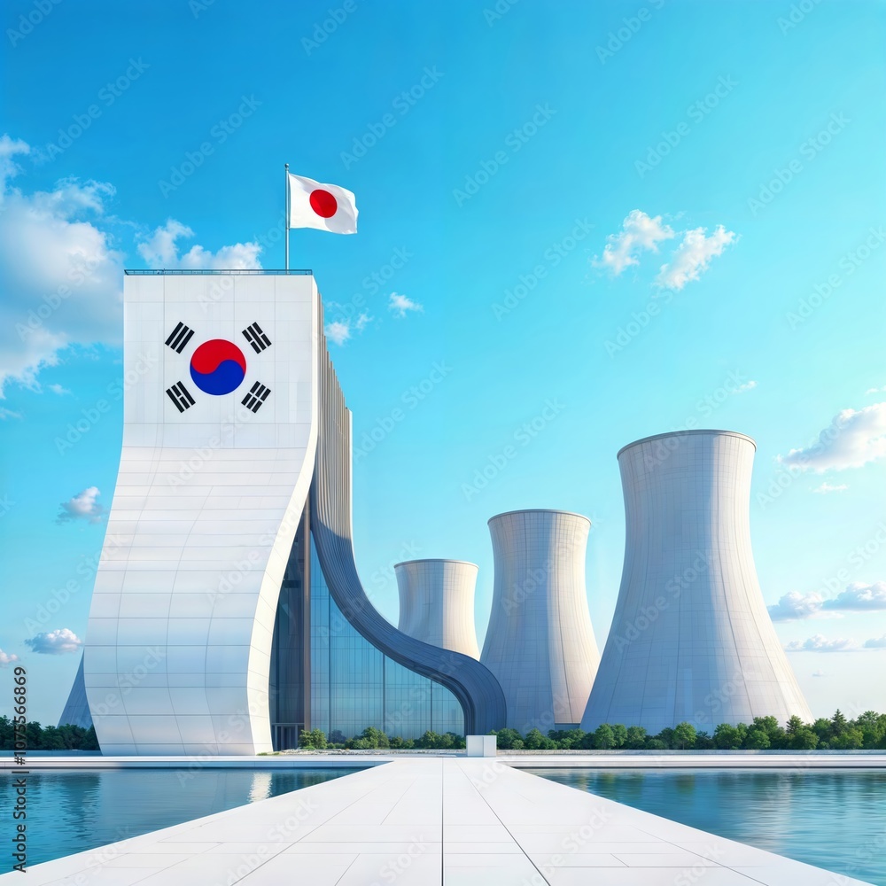Modern nuclear power plant with Japanese flag. Contemporary ...