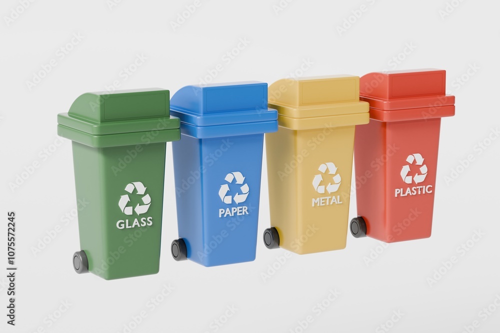 3D Realistic Recycling Bin Icon with multiple color variations. Minimal Cartoon Waste trash bin ...